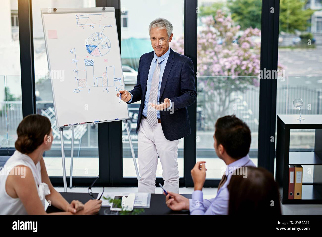 Business people, whiteboard and graphs for discussion, training and mentorship with workshop ...