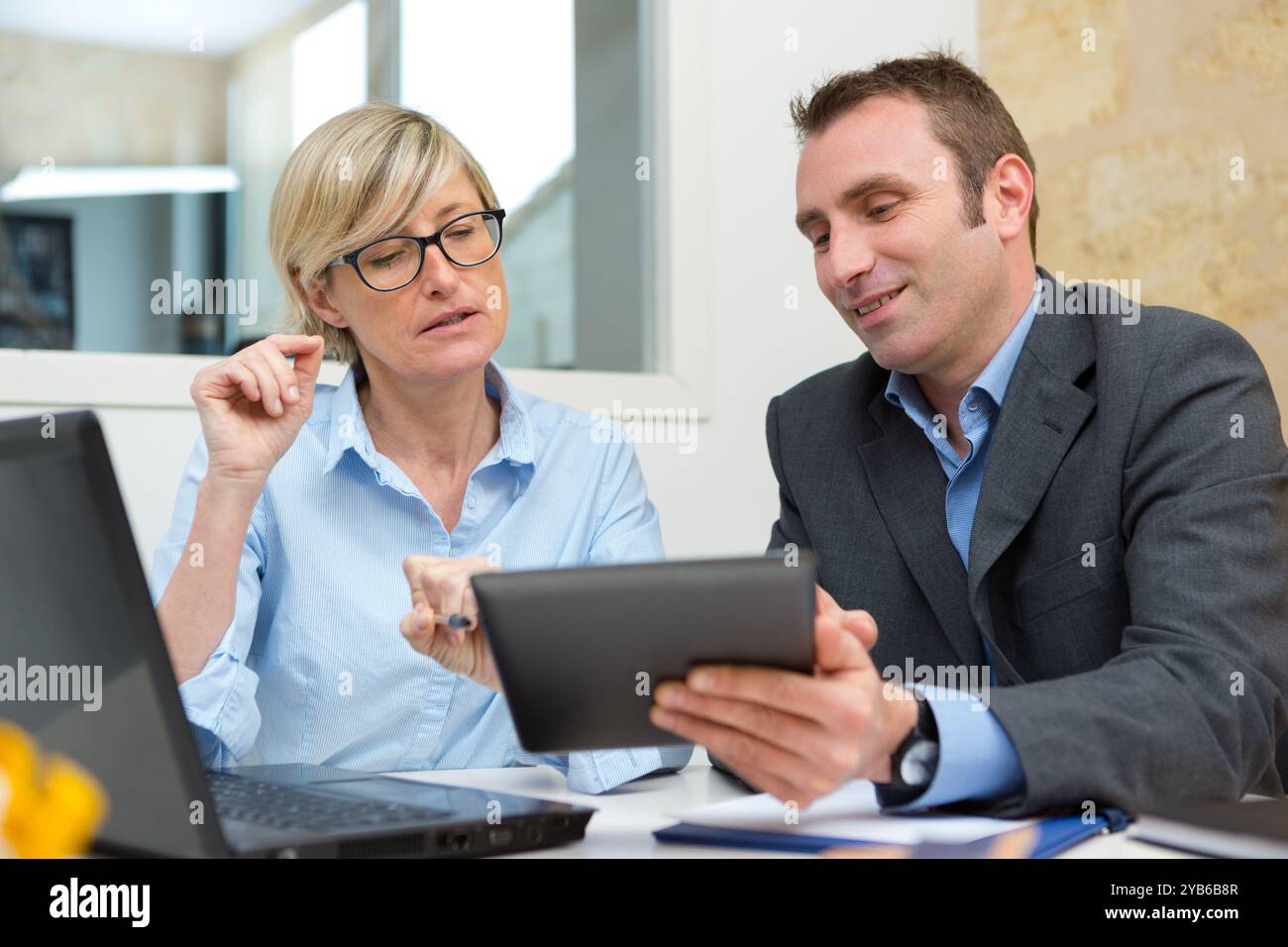 portrait of colleagues comparing data input Stock Photo - Alamy