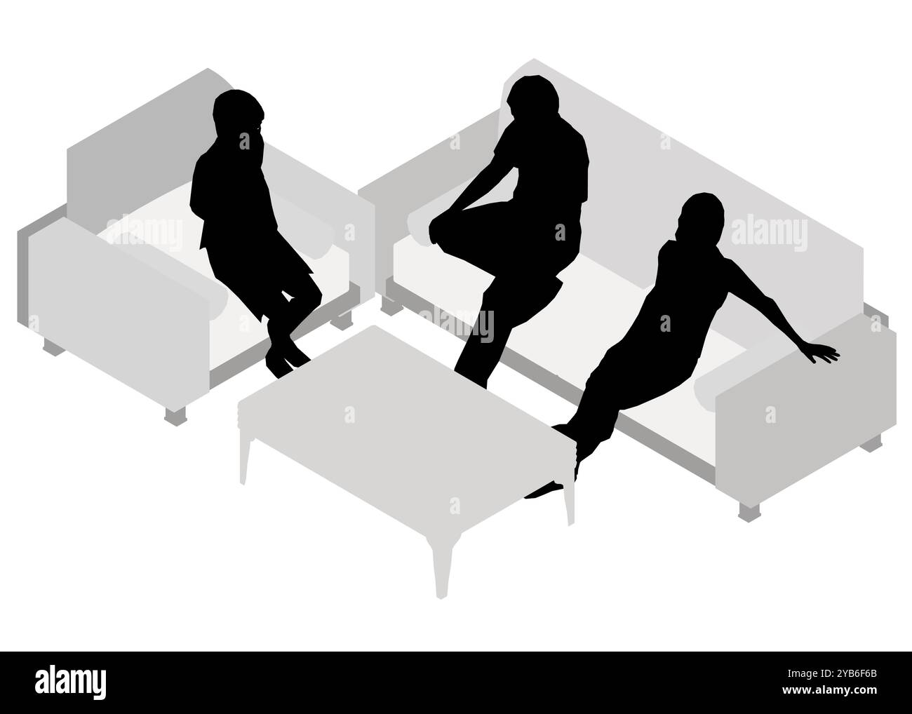 Silhouette model of people sitting on sofa and chair at table ...