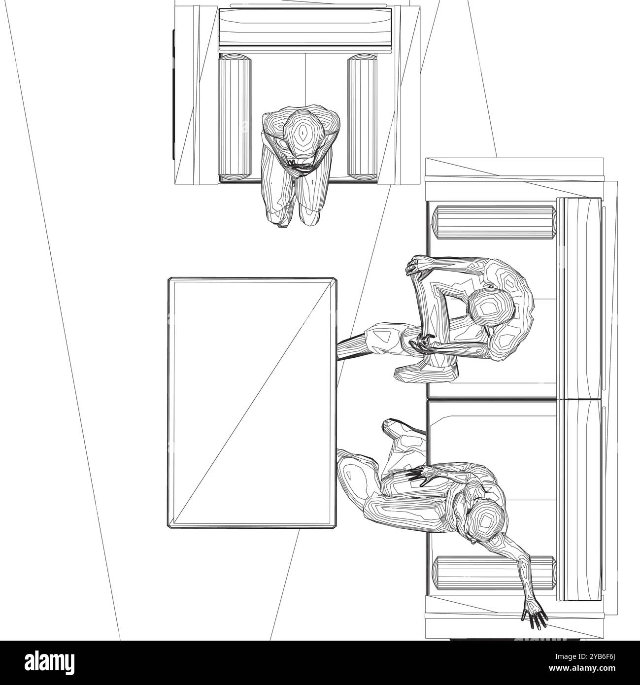 Outline of people sitting on sofa and chair at table. Top view. Vector ...