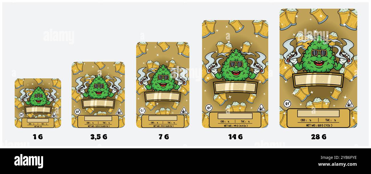 Root Beer Strains and Weed Bud With Smoking Mascot Cartoon. Product ...