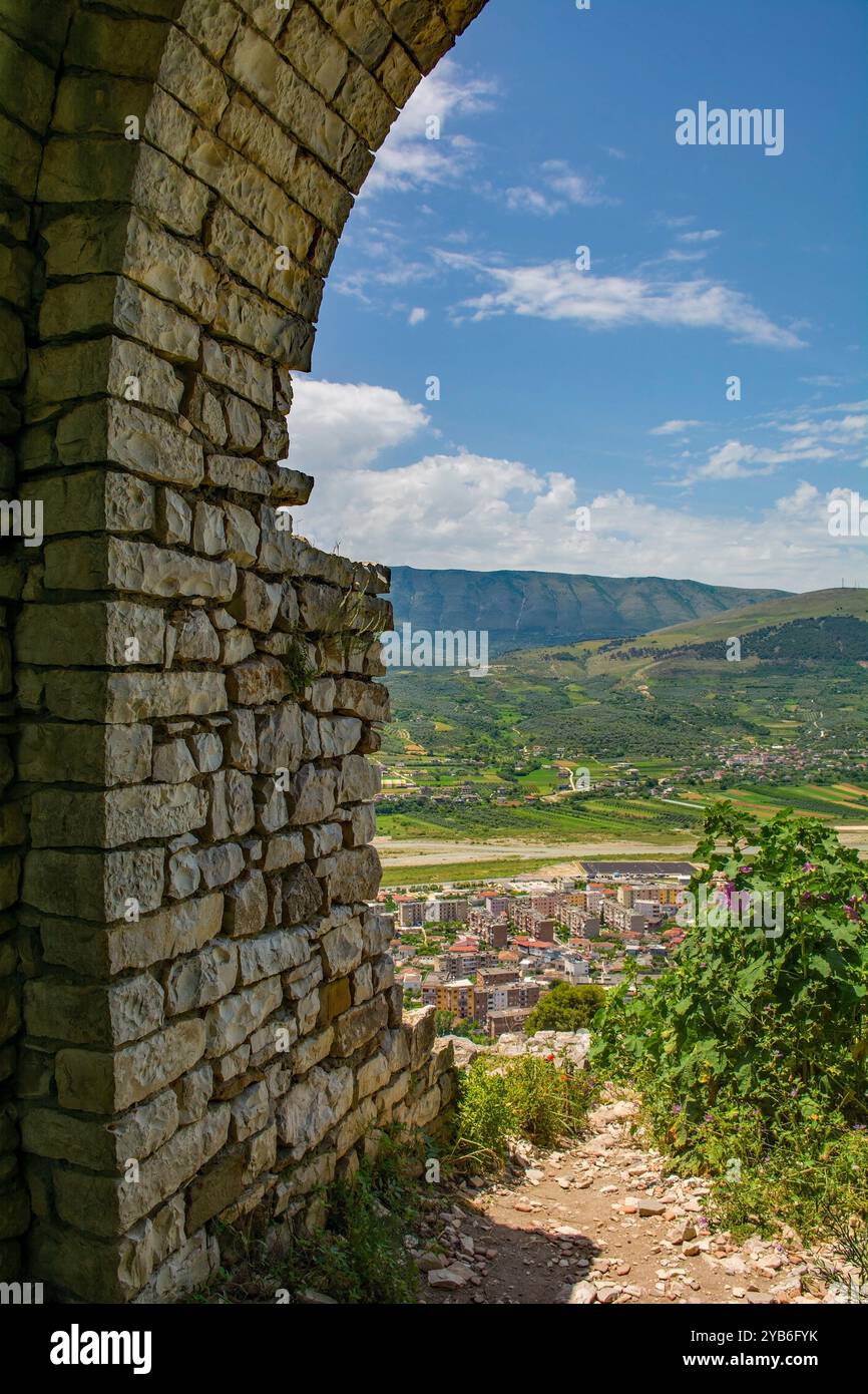 Round-arched openings in a ruin in 13th century Citadel in Berat Castle ...
