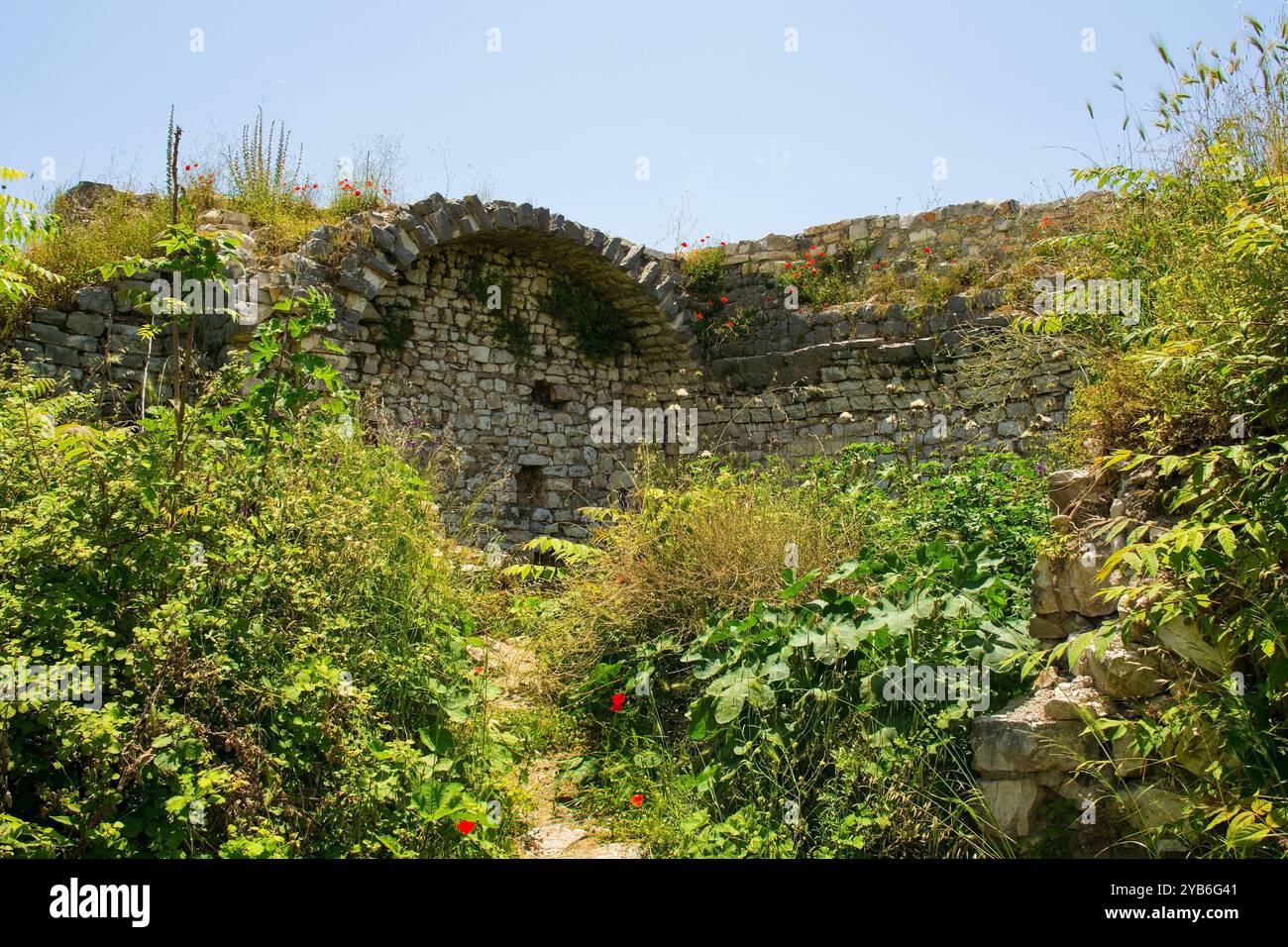 Ruins of the 13th century Citadel walls within Berat Castle, southern ...