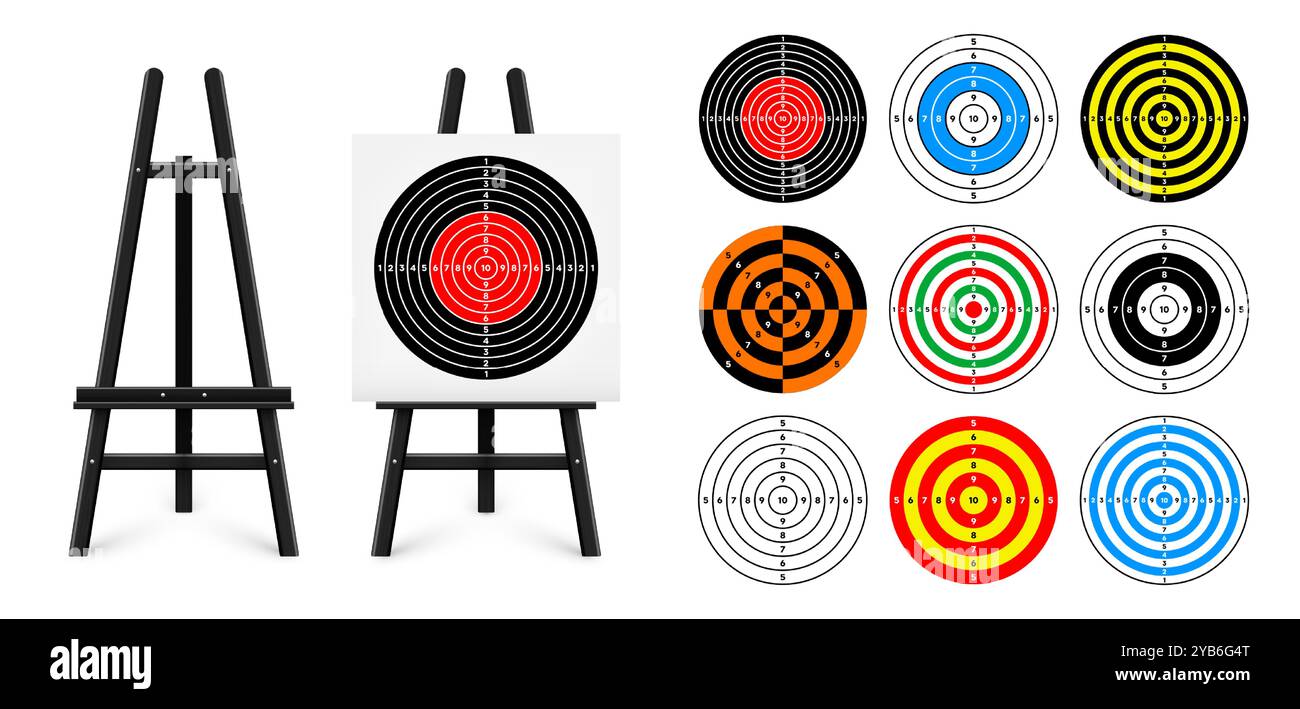 Shooting range target on a wooden easel stand. Paper target with ...