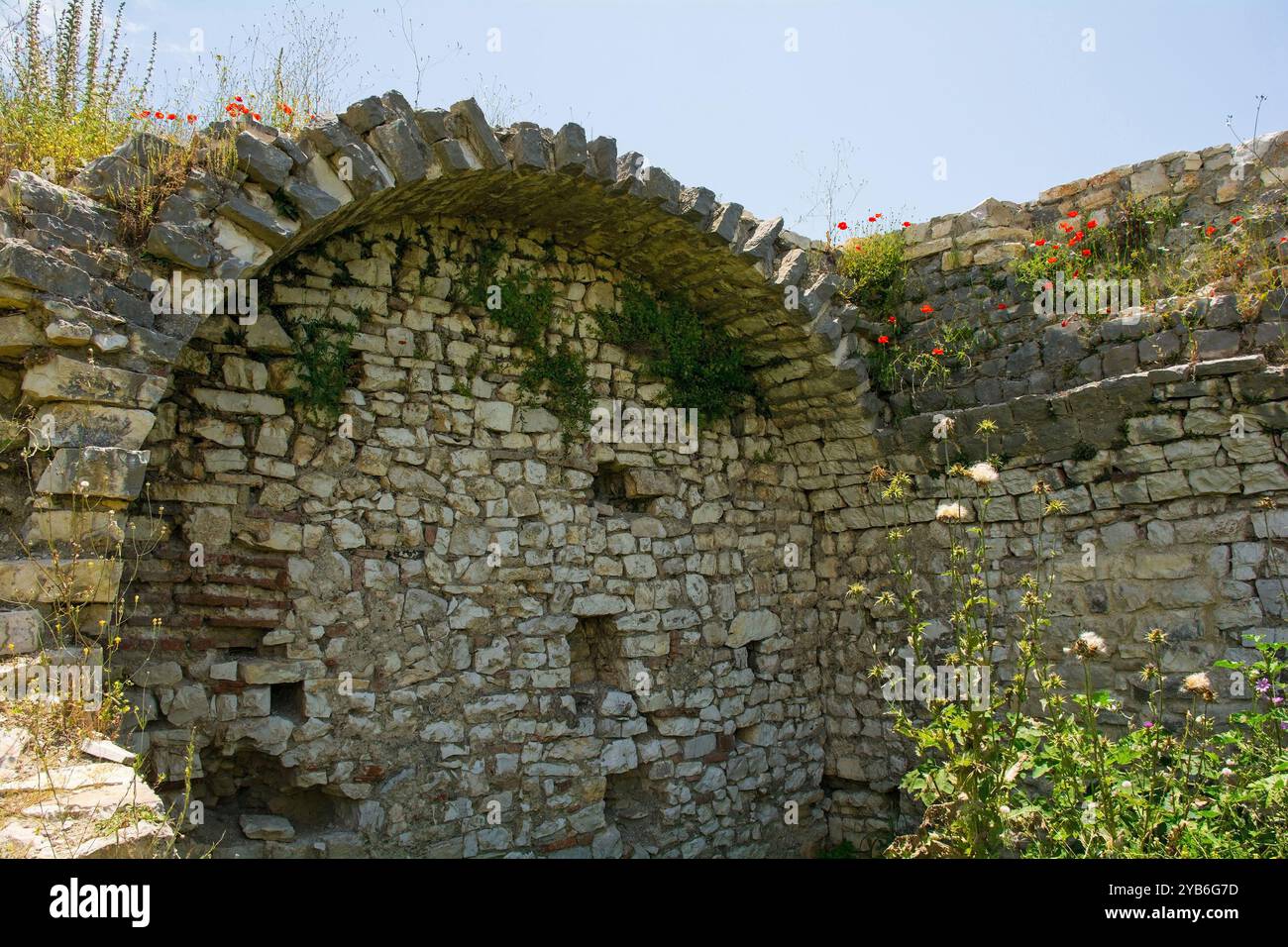 Ruins of the 13th century Citadel walls within Berat Castle, southern ...