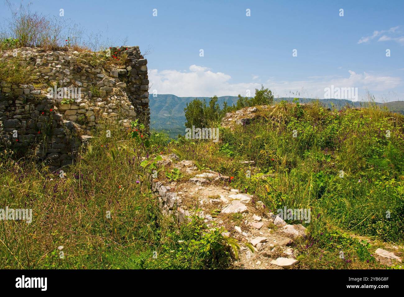 Ruins of the 13th century Citadel walls within Berat Castle, southern ...