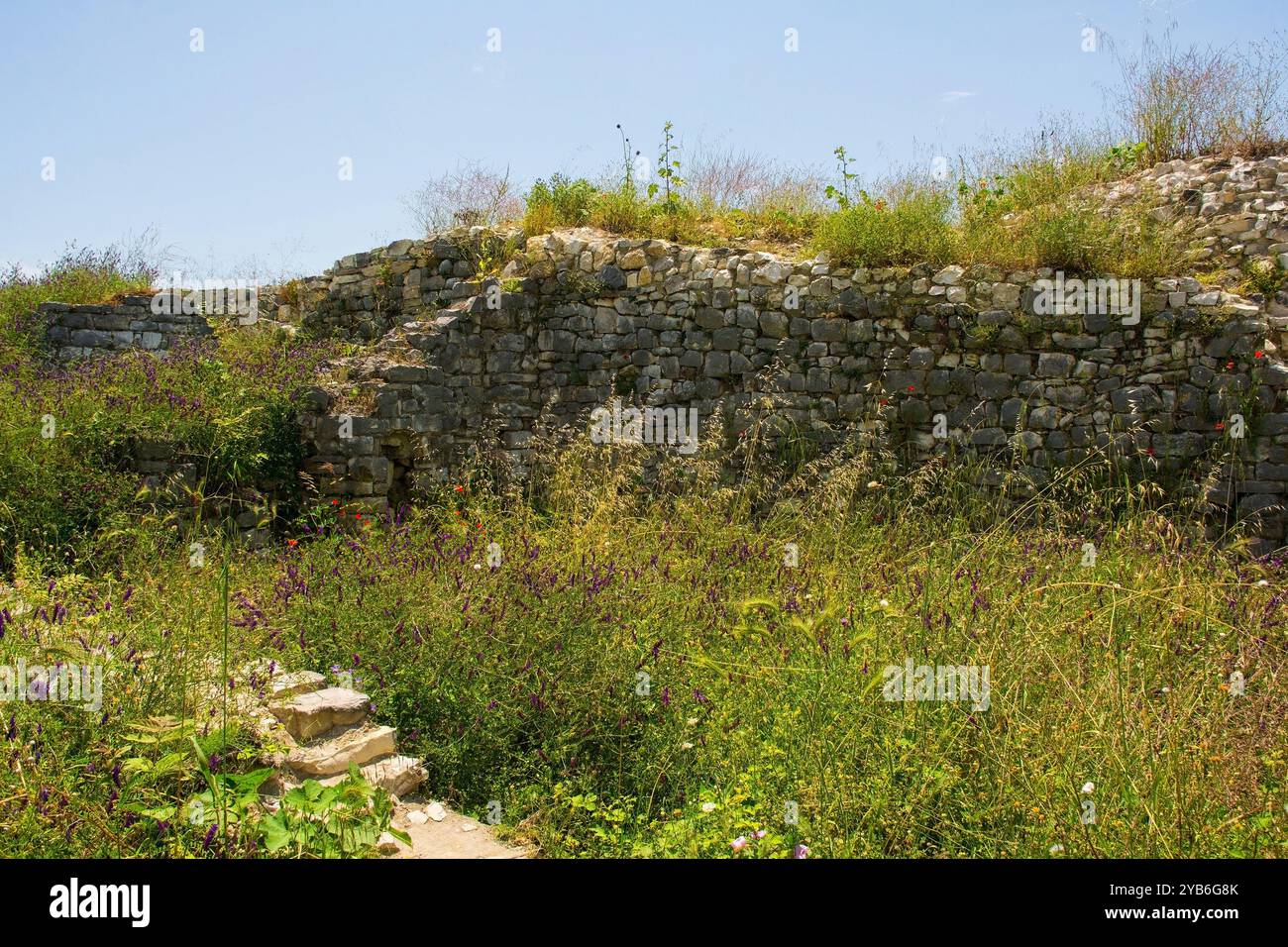 Ruins of the 13th century Citadel walls within Berat Castle, southern ...