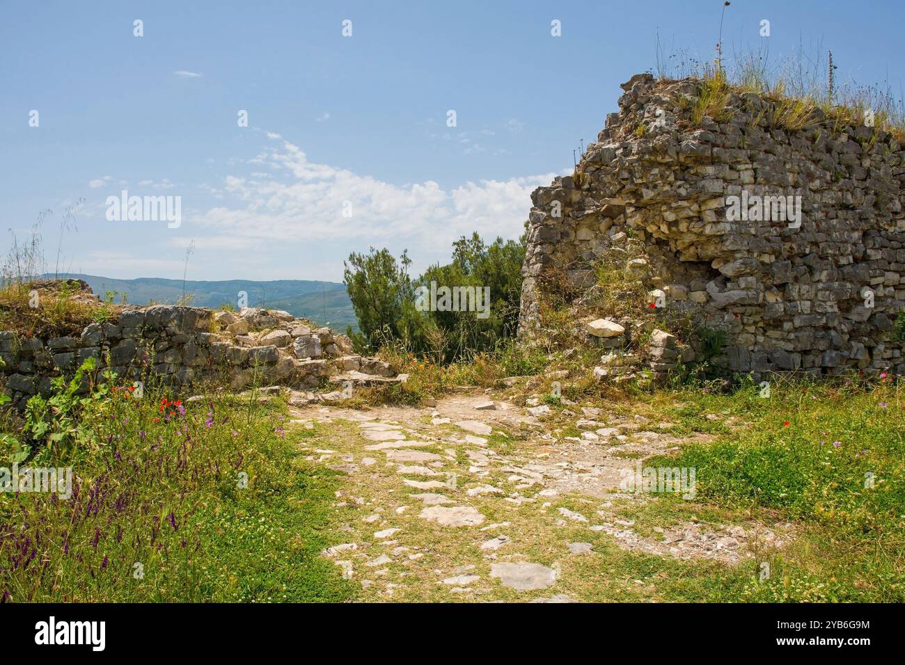 Ruins of the 13th century Citadel walls within Berat Castle, southern ...
