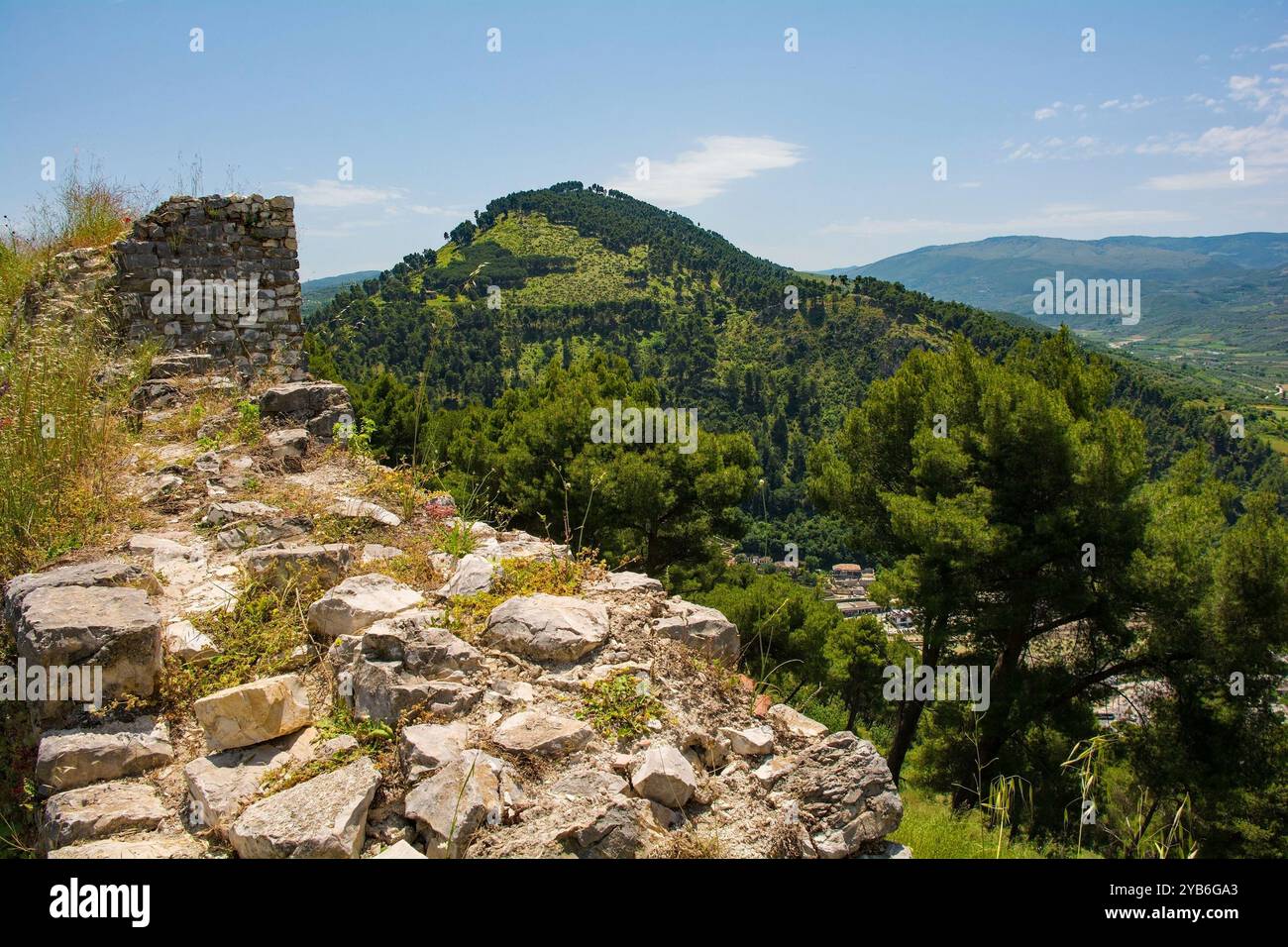 Ruins of the 13th century Citadel walls within Berat Castle, southern ...