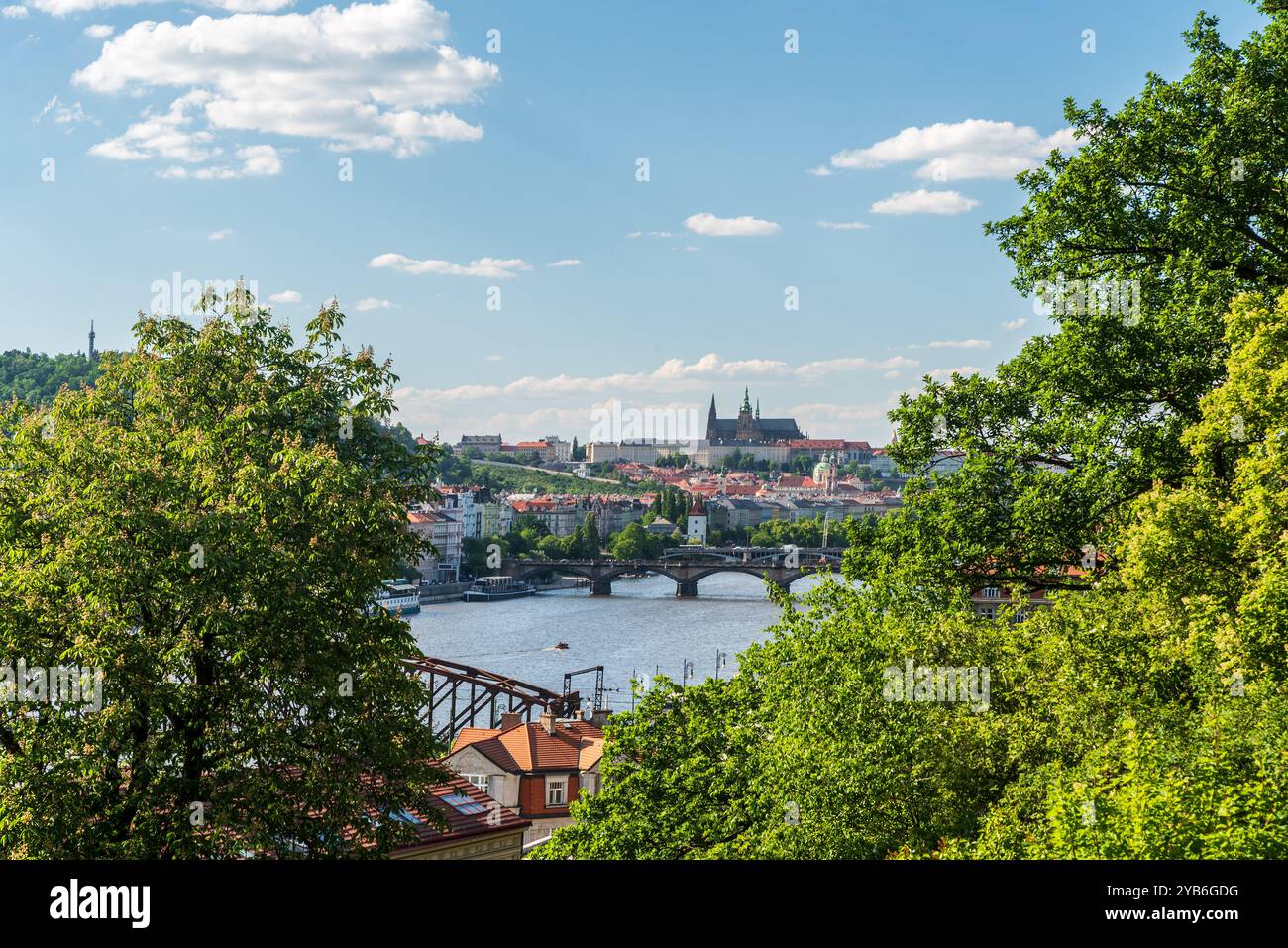 Prague city scenery wirth Vltava river, Prazsky hrad and Petrin hill ...