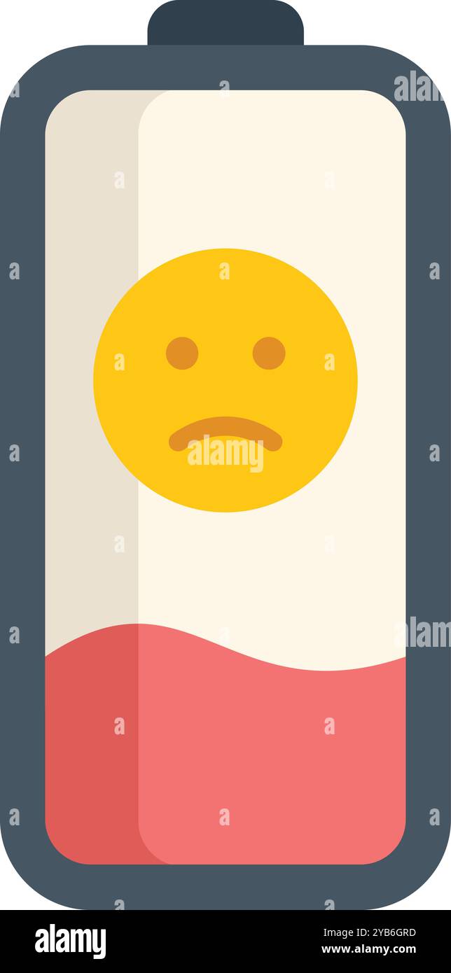 Battery icon showing a low charge level represented by a sad face ...