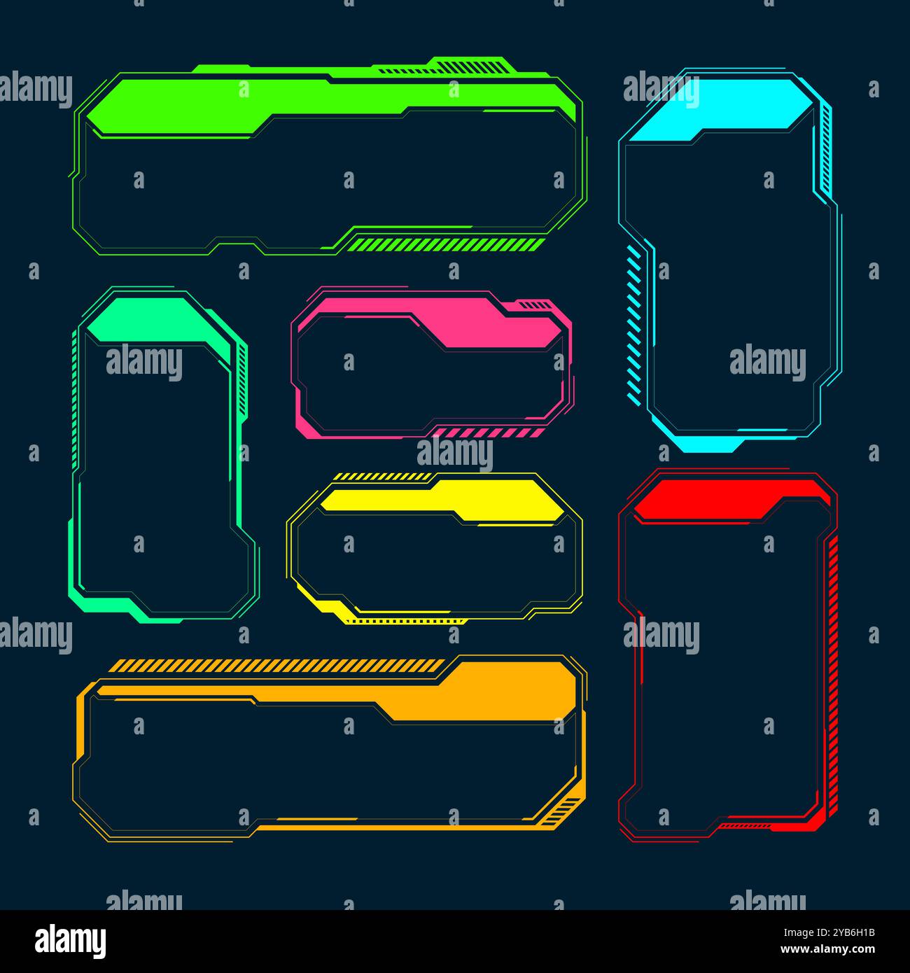 Futuristic HUD or UI elements. Sci-fi user interface text boxes, callouts. Colorful warning ...