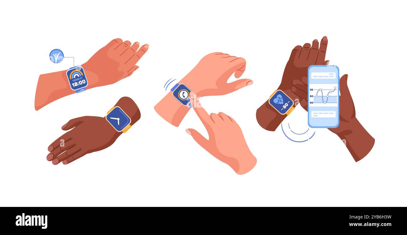 Smart watch set. Vector illustration depicting various hand gestures ...
