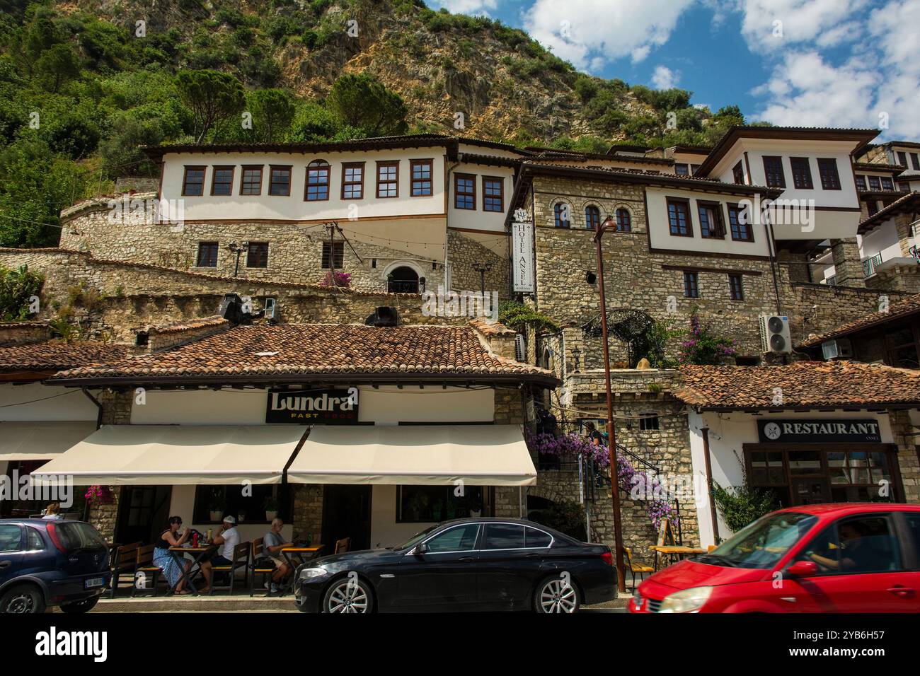 Berat, Albania - June 1st 2024. The waterfront Rruga Antipatrea road in ...