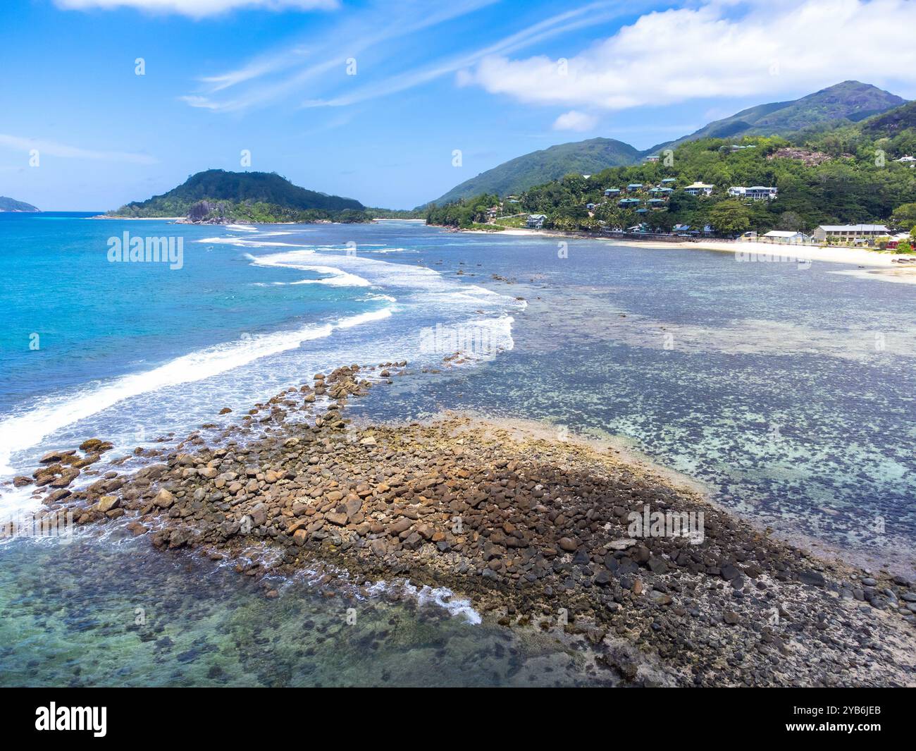 Aerial view of the coral reef of a tropical island. Seychelles, Indian ...