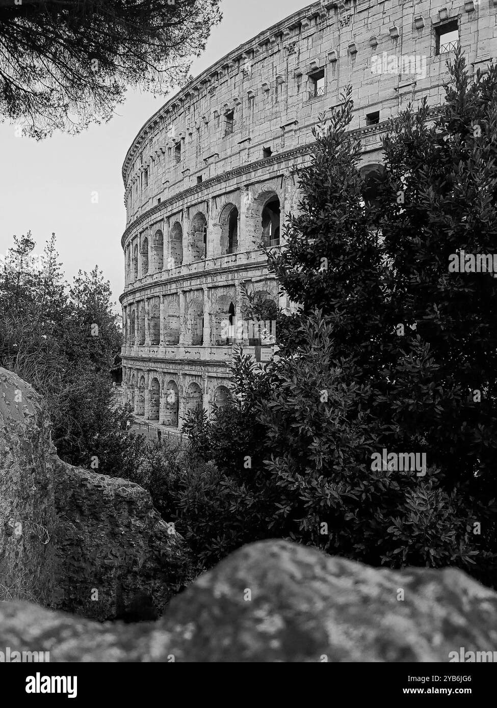 the Colosseum, symbol of Rome and the Roman Empire in black and white ...
