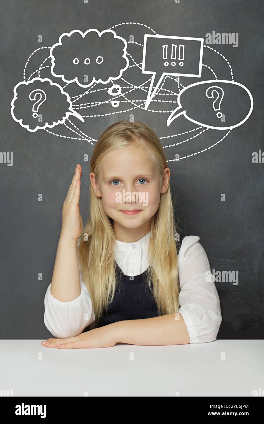 Successful child girl and thought cloud bubble with question mark above ...