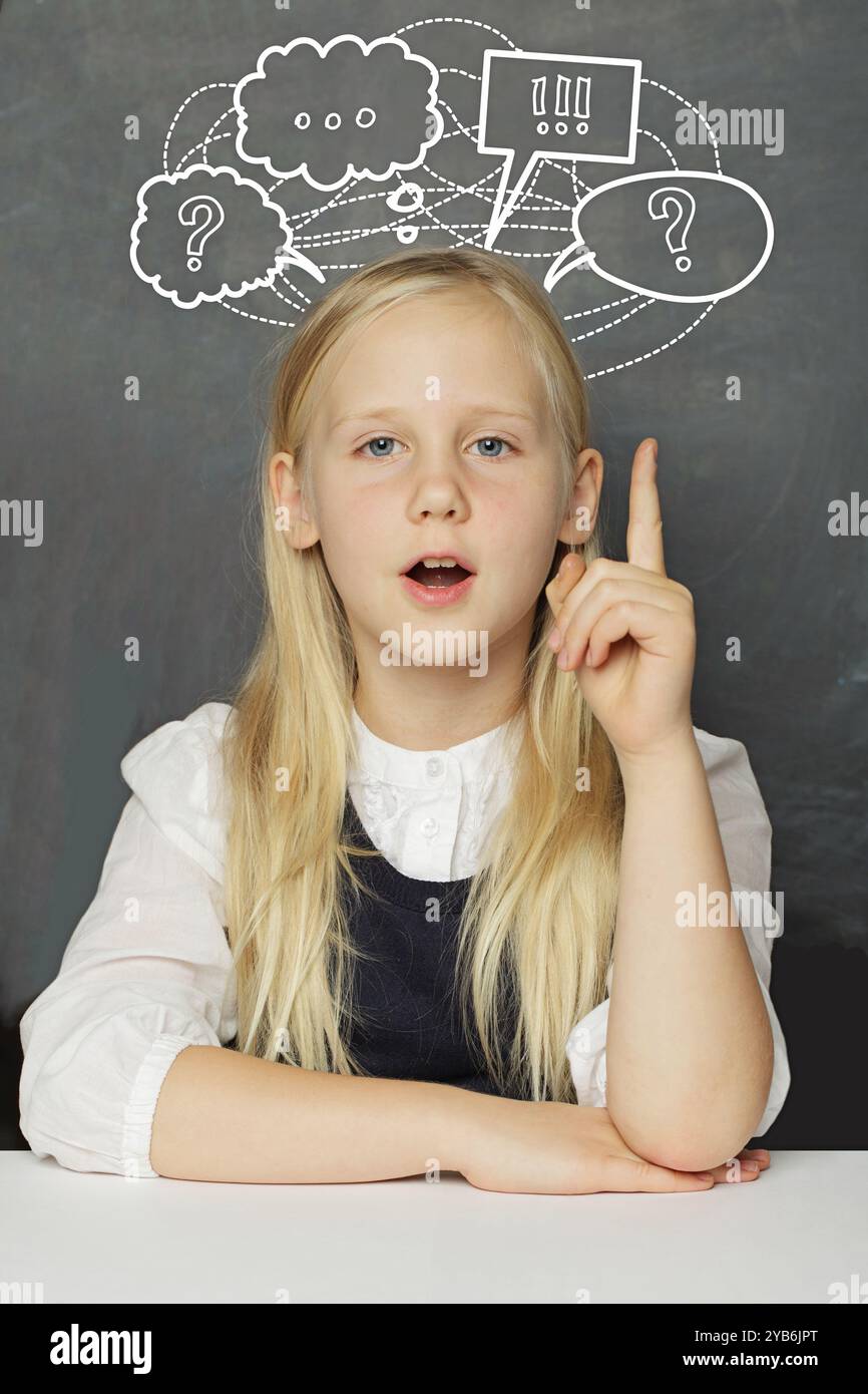 Cute child girl with thought cloud bubble above head thinking on white ...
