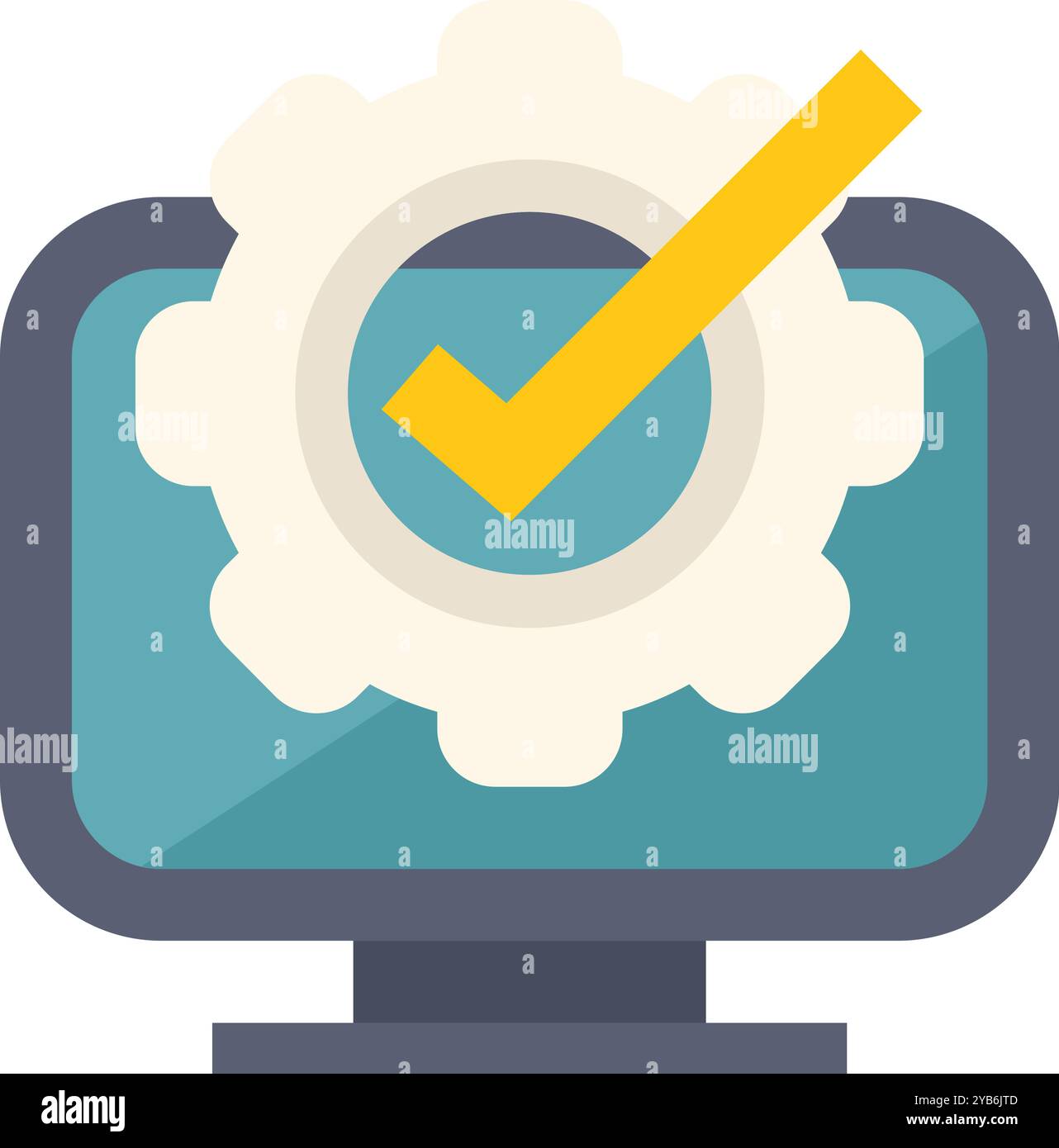 This color icon of a computer screen showing a checkmark inside a gear ...