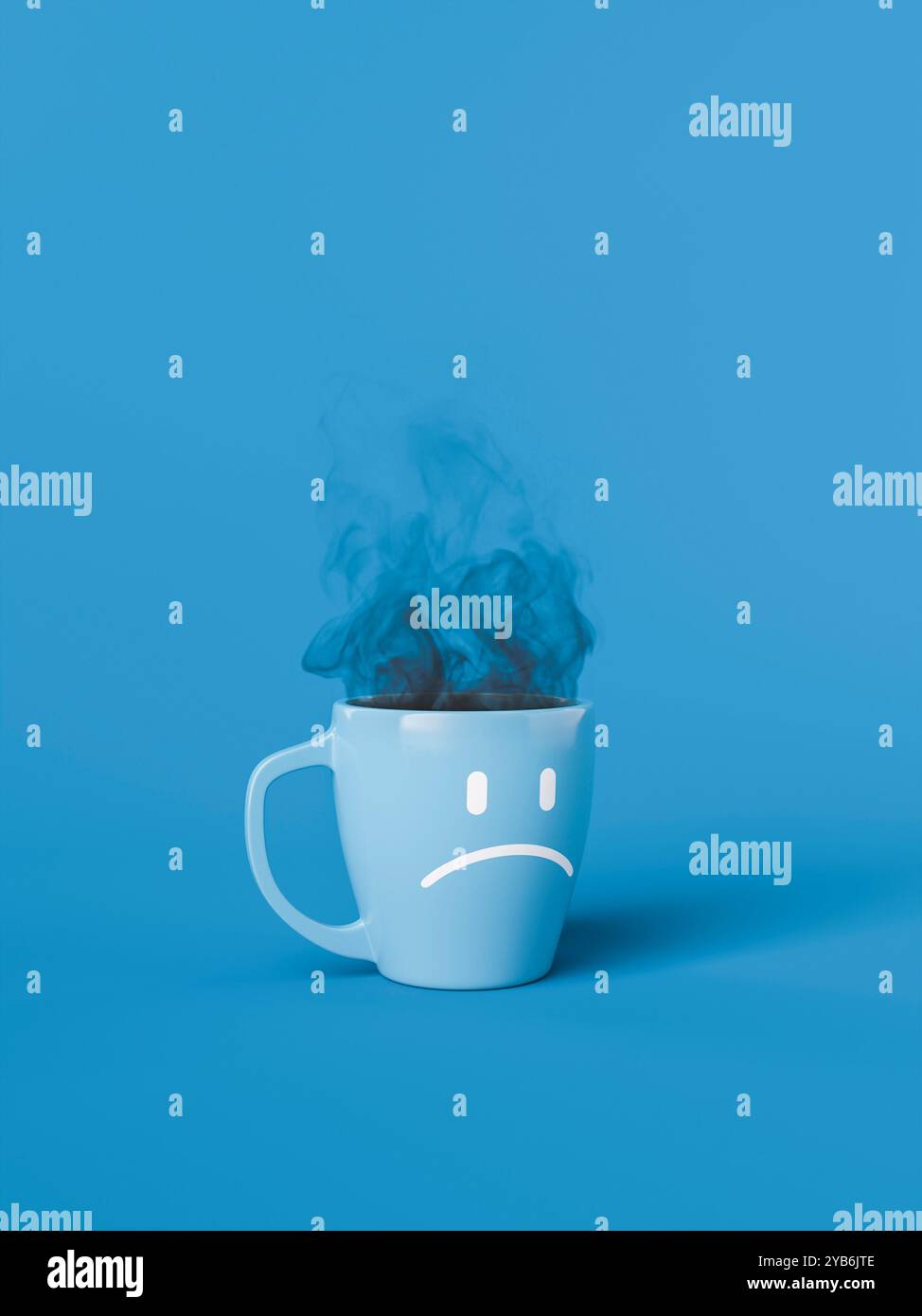 Blue coffee mug with sad face releases dark smoke. Blue monday and ...