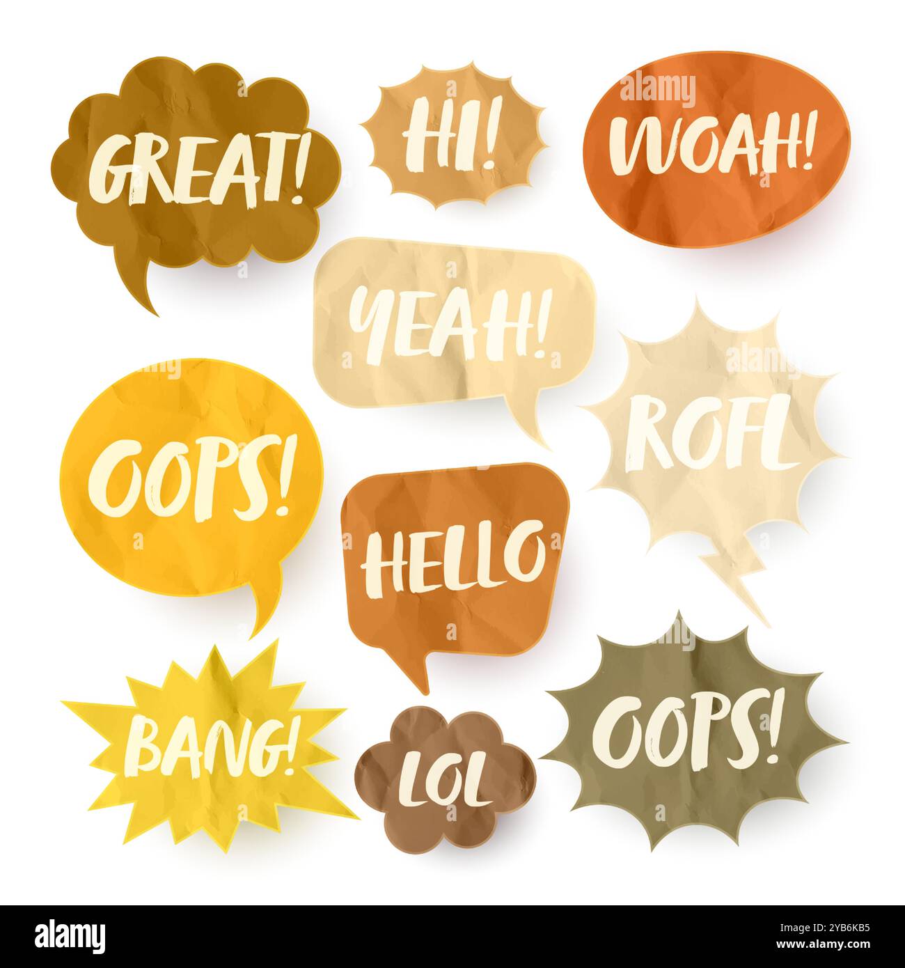 Crumpled brown paper comic speech bubbles. Hand drawn retro cartoon ...