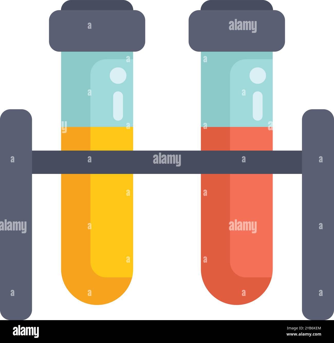 Two test tubes holding liquid are sitting on a rack in a science lab ...