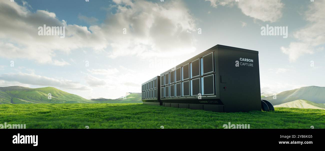 3D rendering of a carbon capture device in a green landscape ...