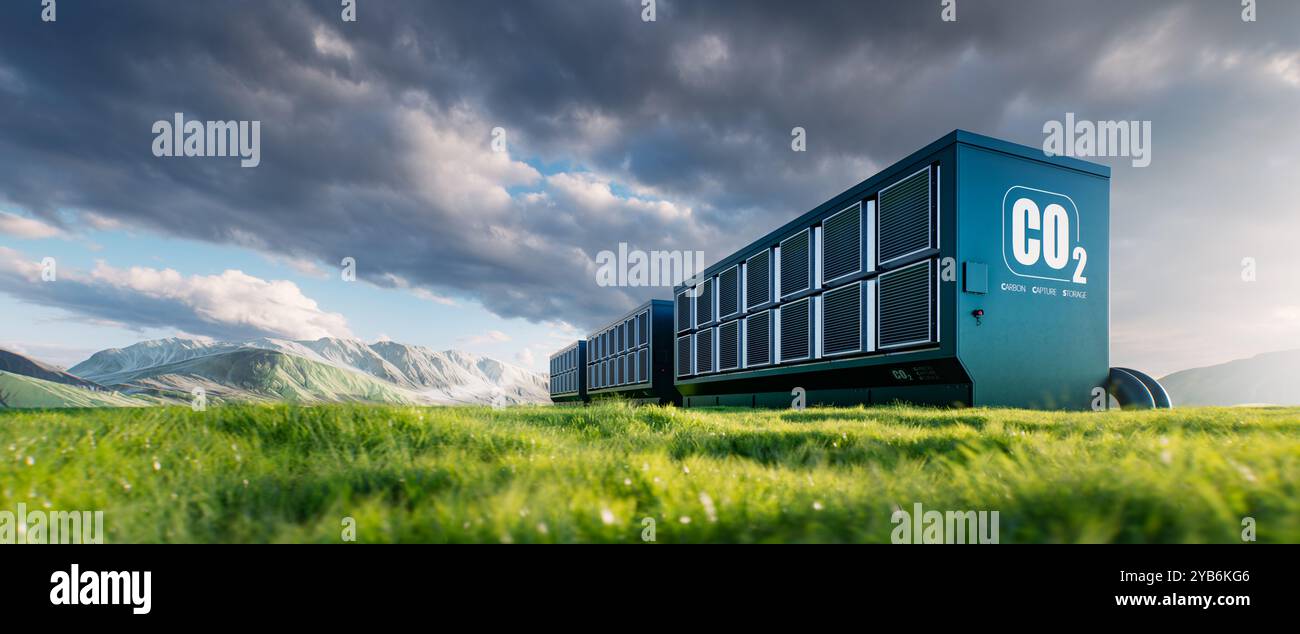 3D rendering of a carbon capture device in a green landscape ...