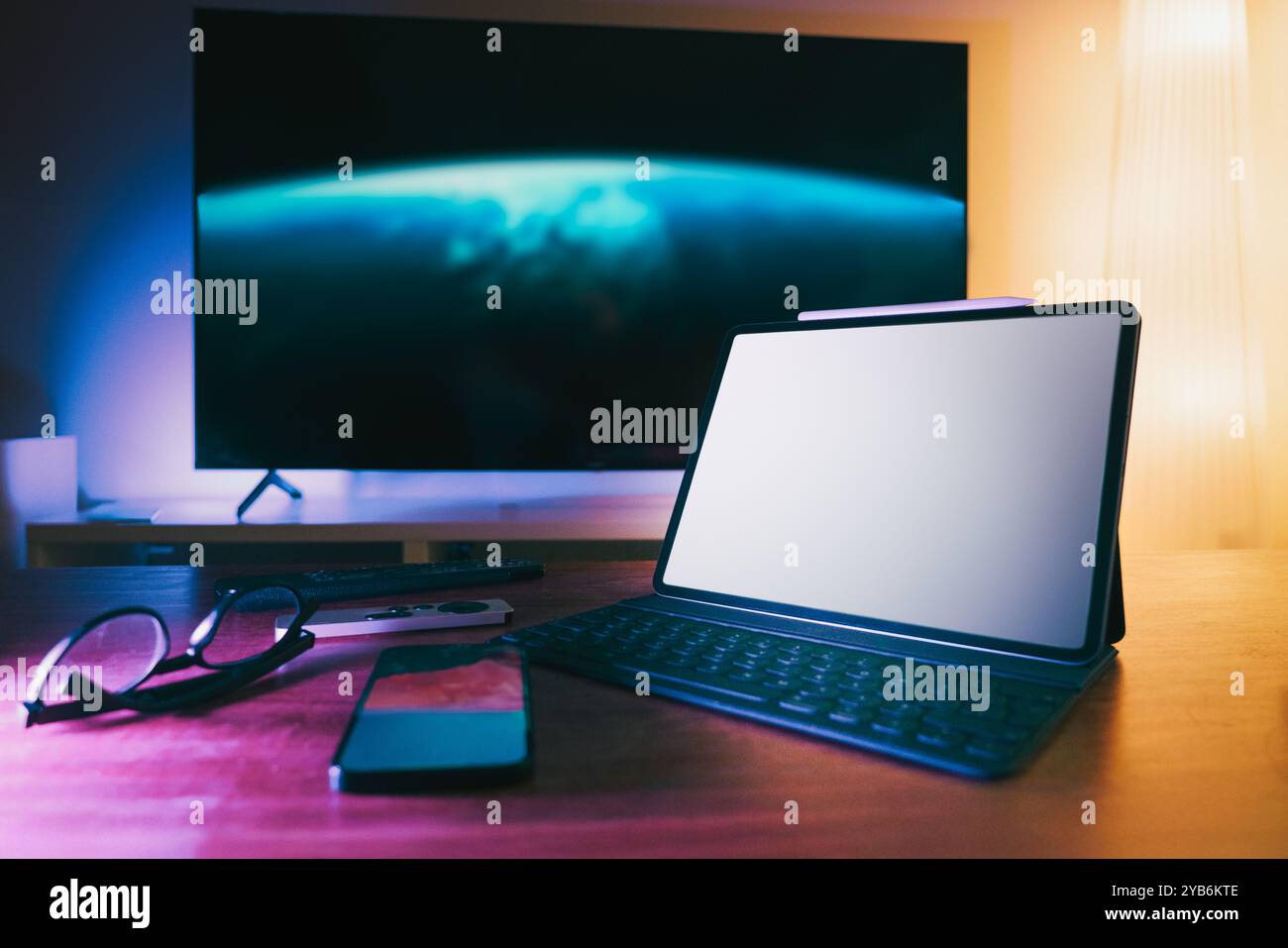 Home entertainment office interior tv screen laptop smartphone table ...
