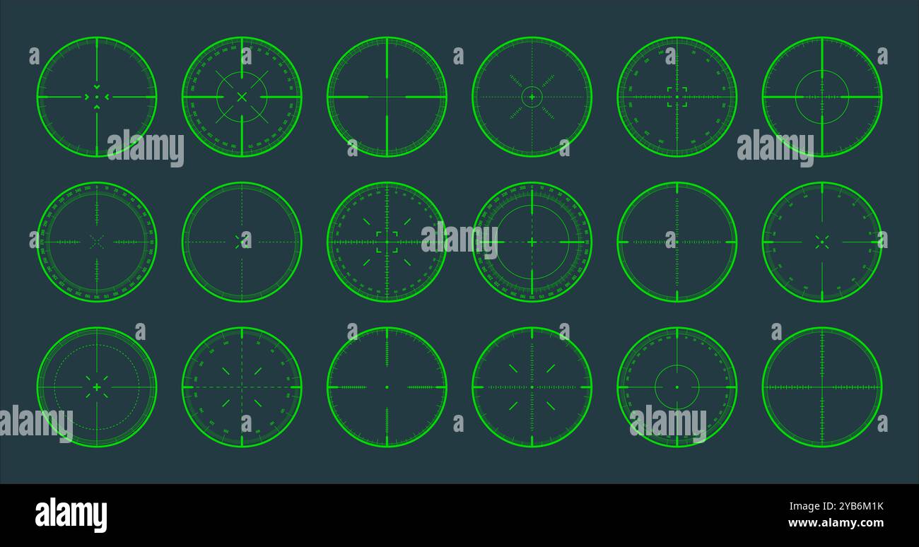 Various sniper rifle sights with degree scale, weapon optical scope ...