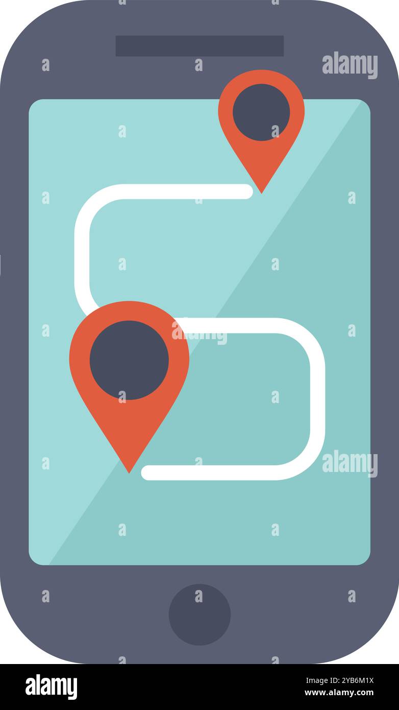 Smartphone displaying a map with a planned route marked with two red ...