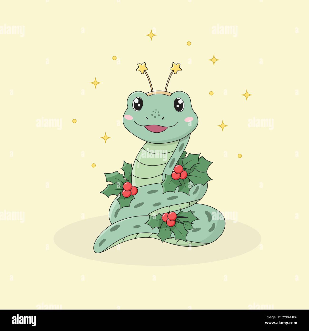 Cute smiling snake with a festive headband and holly branches. Chinese ...
