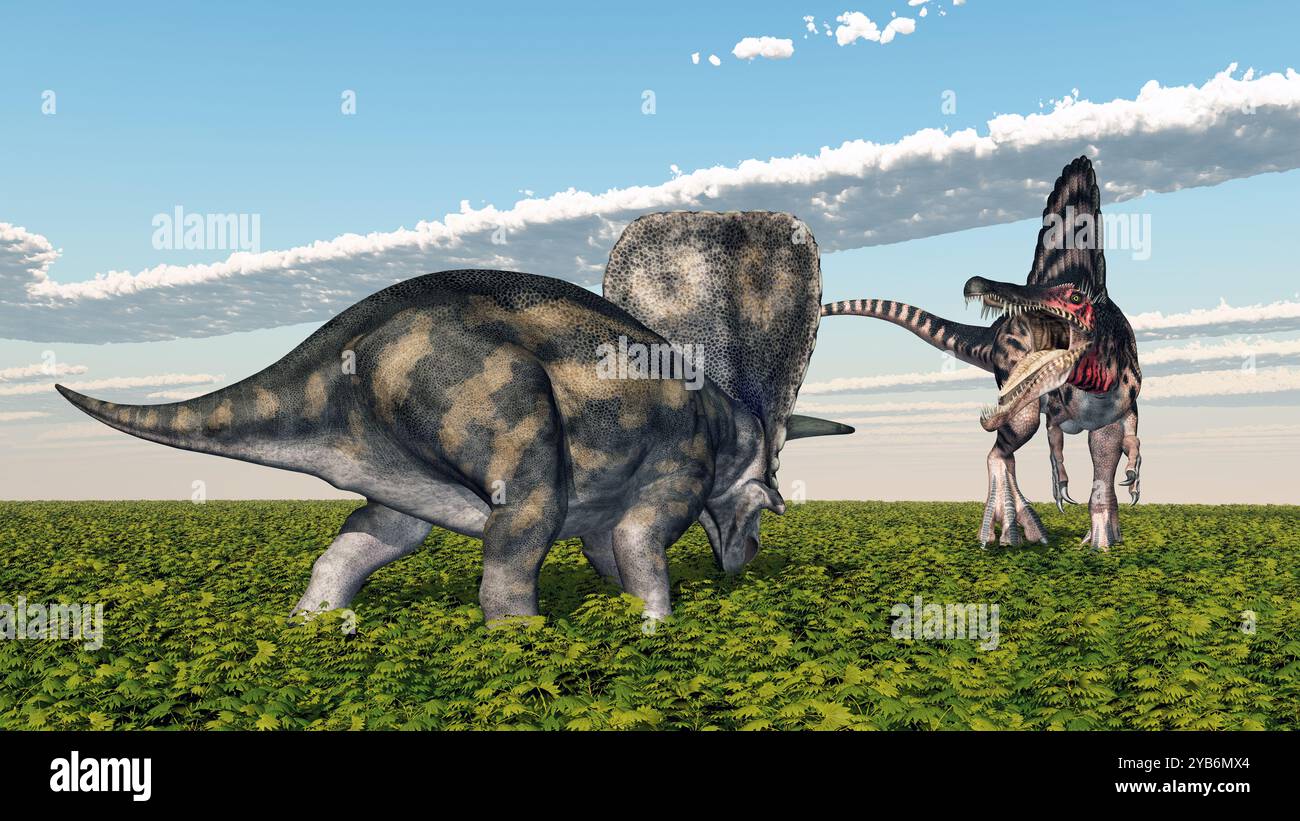 The dinosaurs Torosaurus and Spinosaurus in a landscape Stock Photo - Alamy