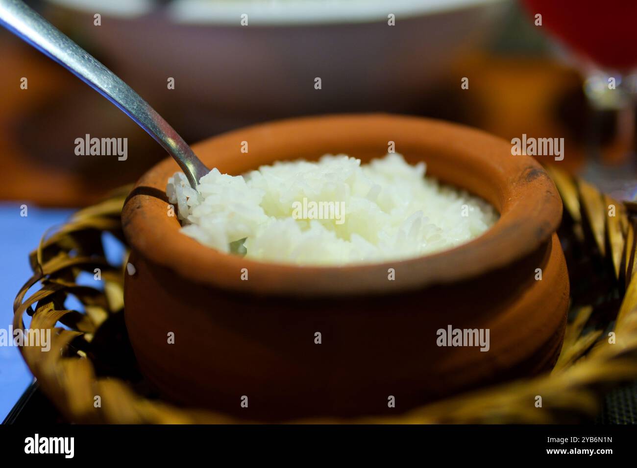 Hot white cooked rice steam bowl slow motion, Close up. Sticky rice ...