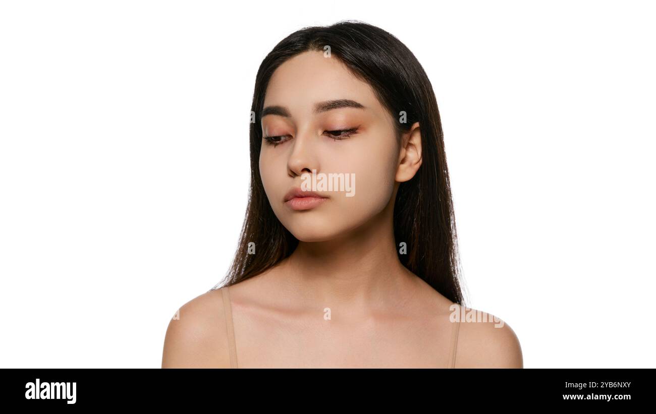 Portrait of beautiful Korean, young girl with brunette hair, well-kept ...