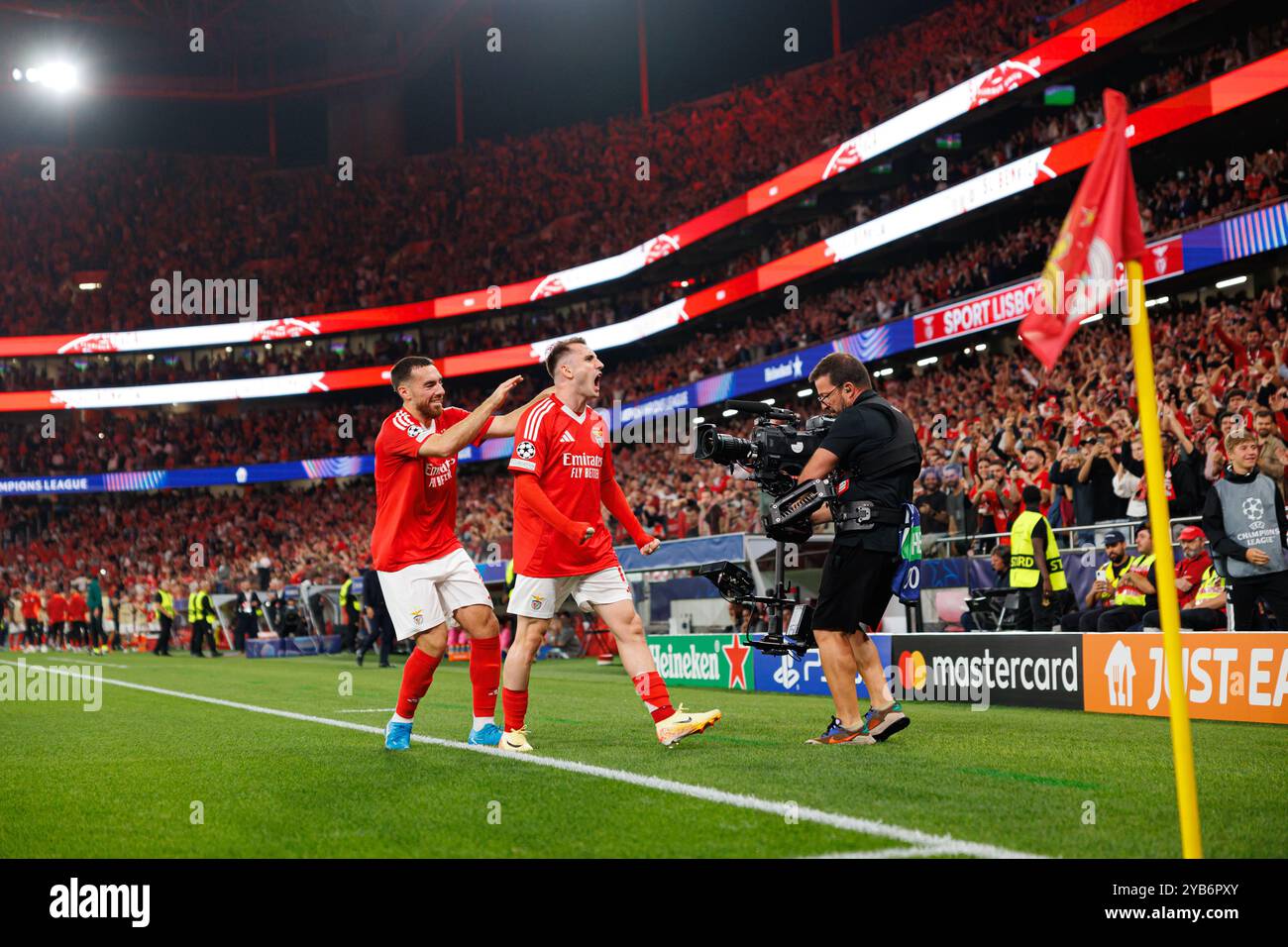 Kerem Akturkoglu seen celebrating after scoring goal with Orkun Kokcu during UEFA Champions ...