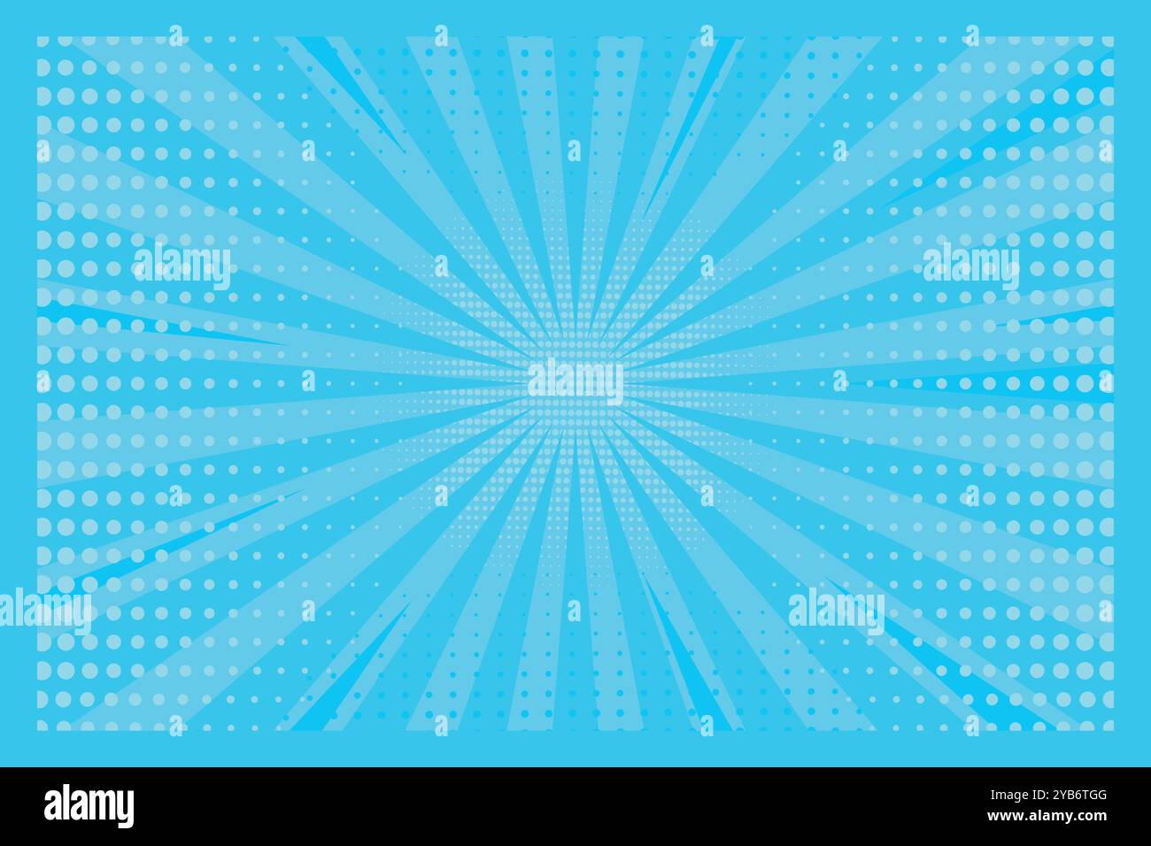 Pop art blue comic background with sun rays and dots. Retro style ...