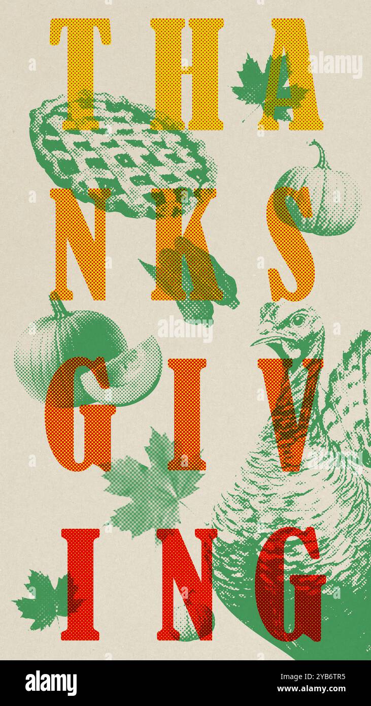 Poster. Contemporary art collage. Bold mix of turkeys, pumpkins, and ...