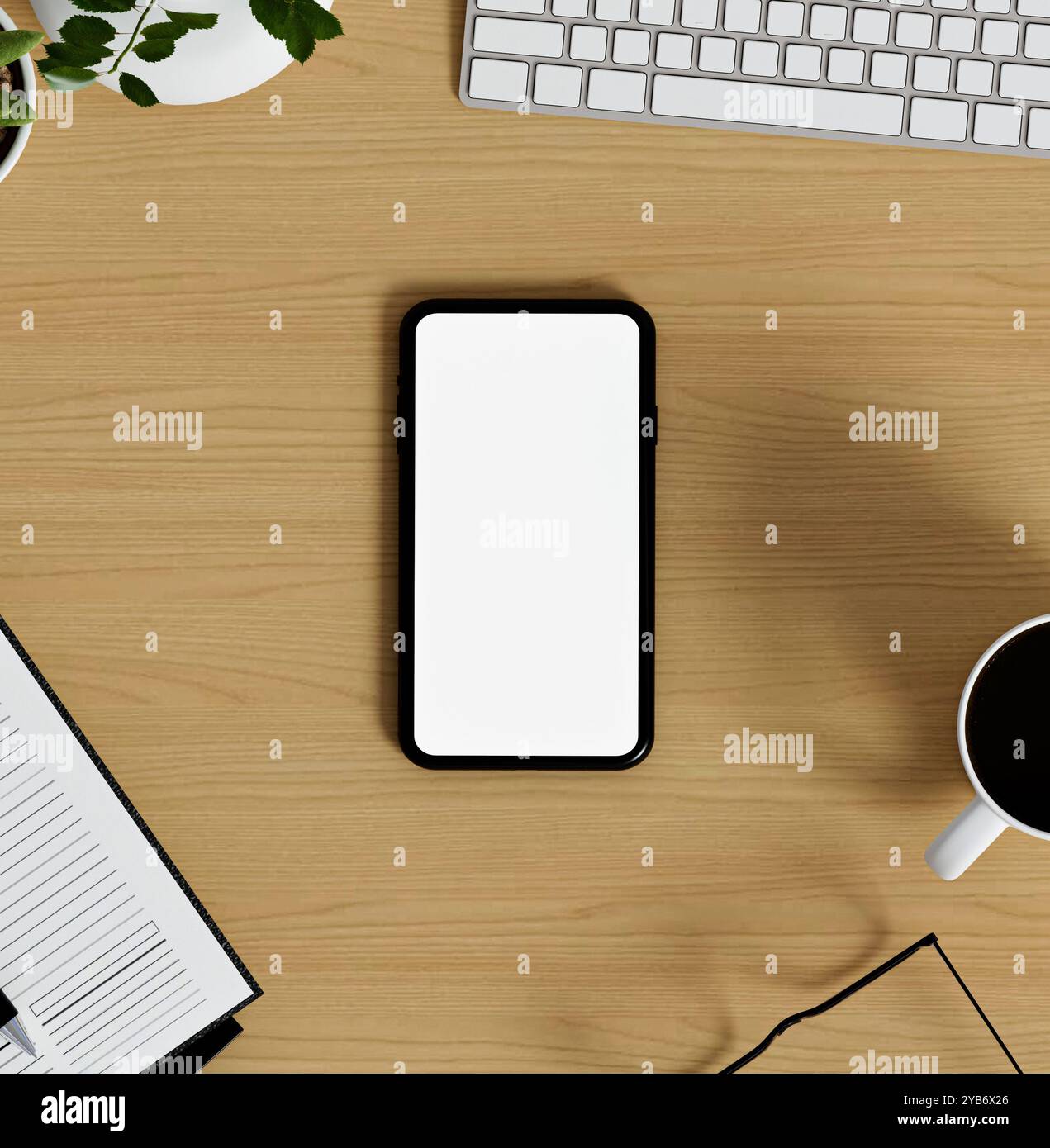 Contemporary Workspace with Central Smartphone Display 3D Render Stock ...
