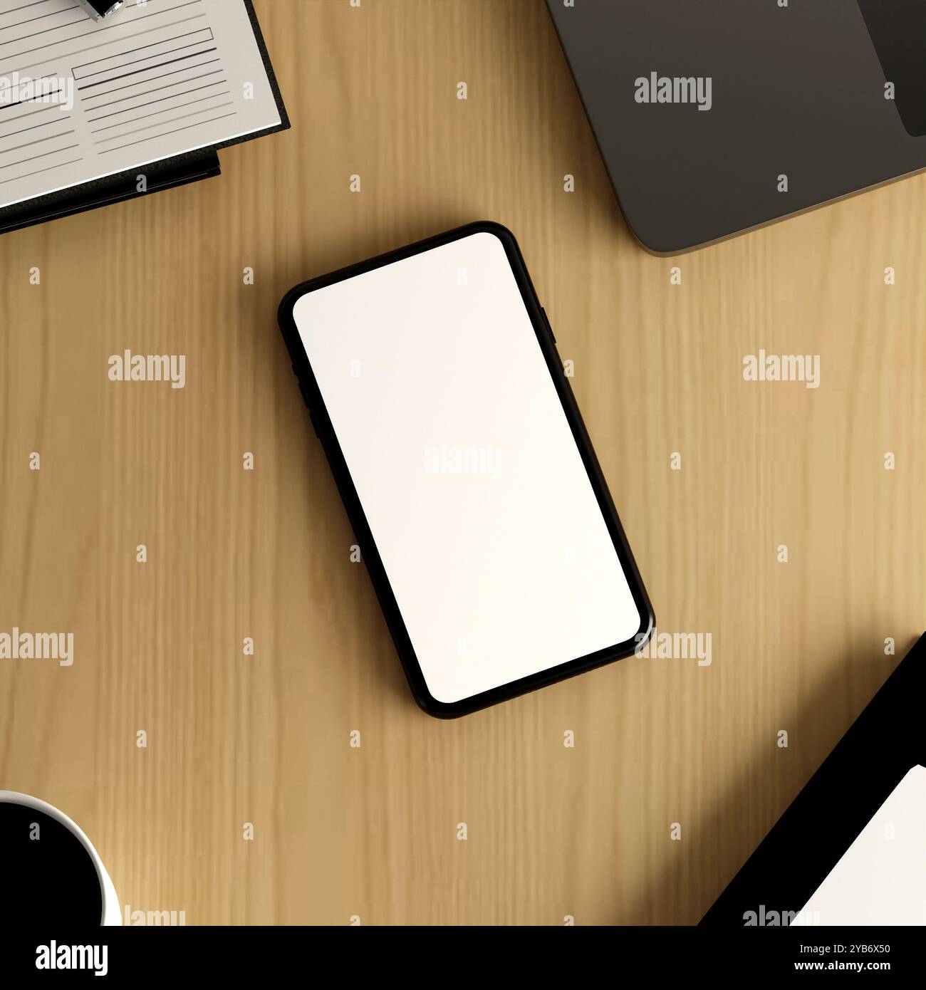 Streamlined Workspace with Smartphone and Laptop 3D Render Stock Photo ...