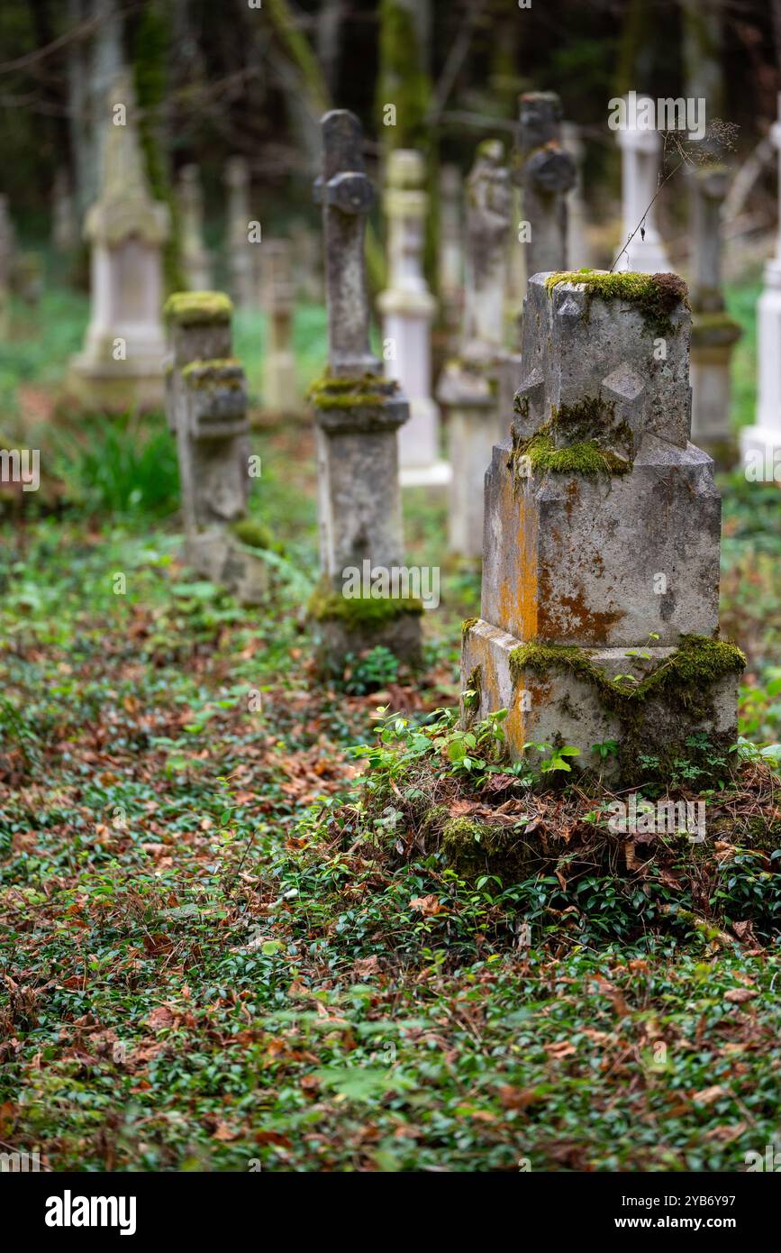 old white crosses and tombstones in a rundown forgotten cemetery in ...