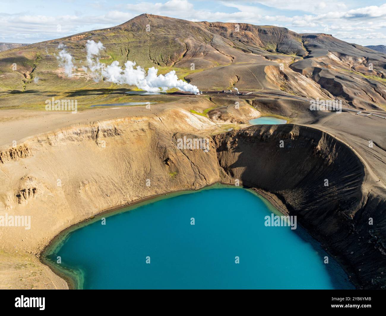 Aerial view of blue lake in the Viti volcano crater at Krafla power ...