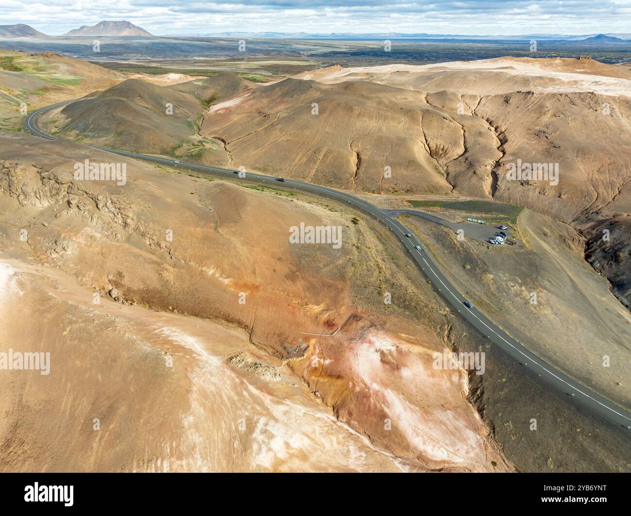 Viewpoint at ringroad no. 1 in the Myvatn geothermal area, aerial view ...