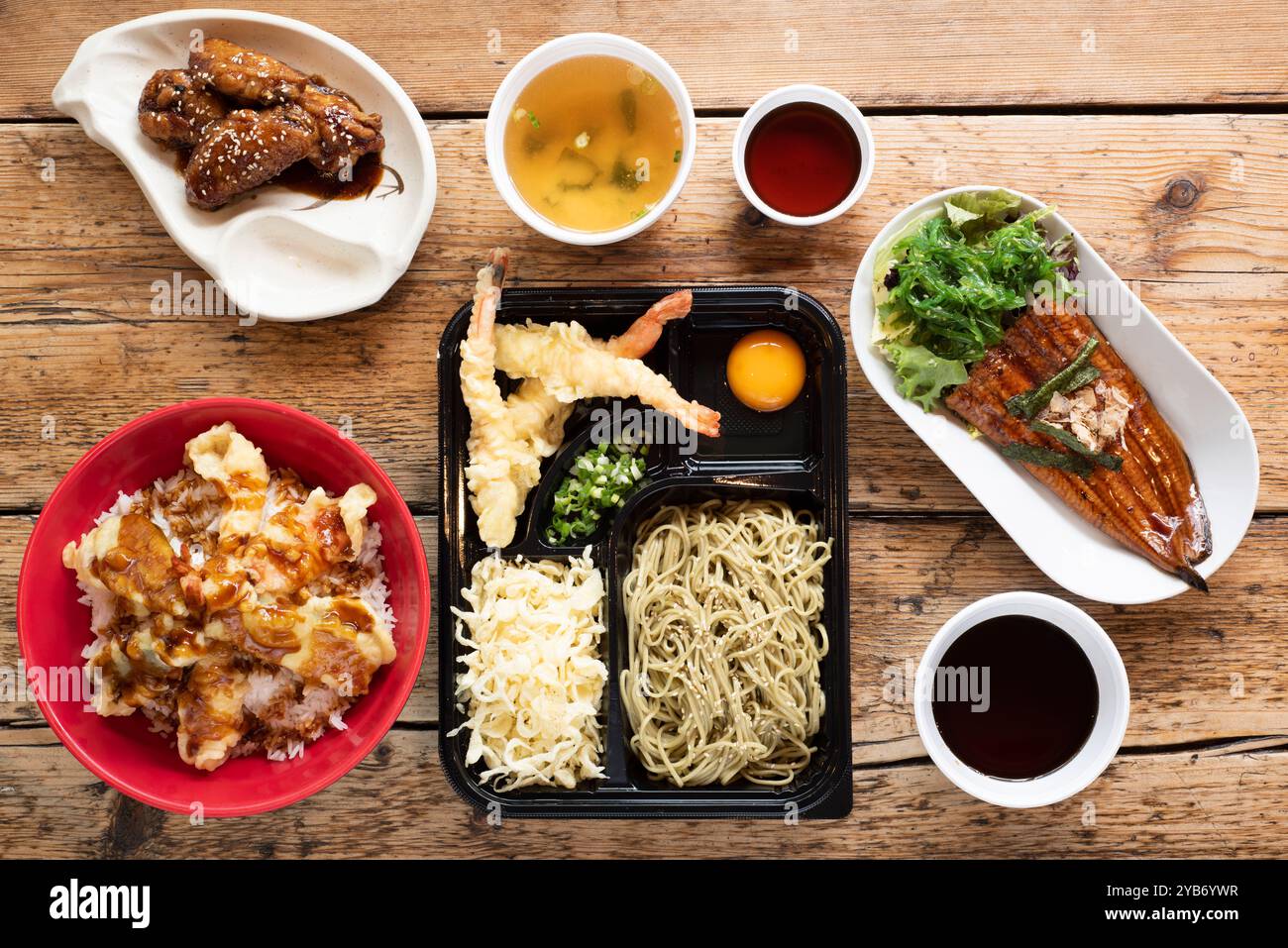 Selection of Chinese meals including tempura prawn bento box, marinated ...