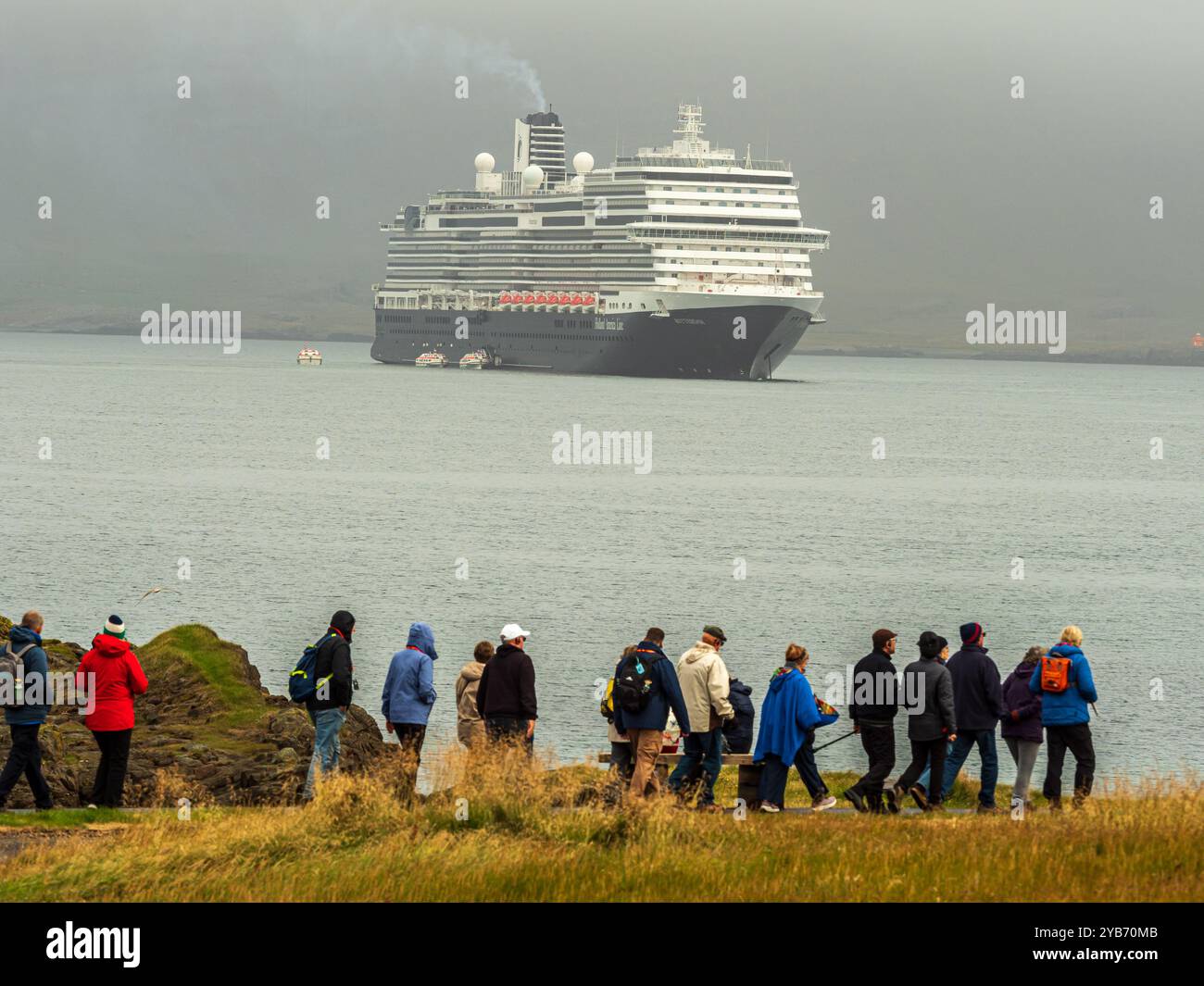 Cruise ship in the fjord at Djupivogur, tourists walk along the coast ...