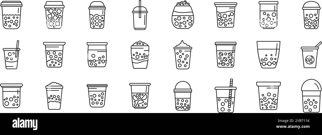 Boba icons set. This large set of bubble tea cups shows a variety of ...