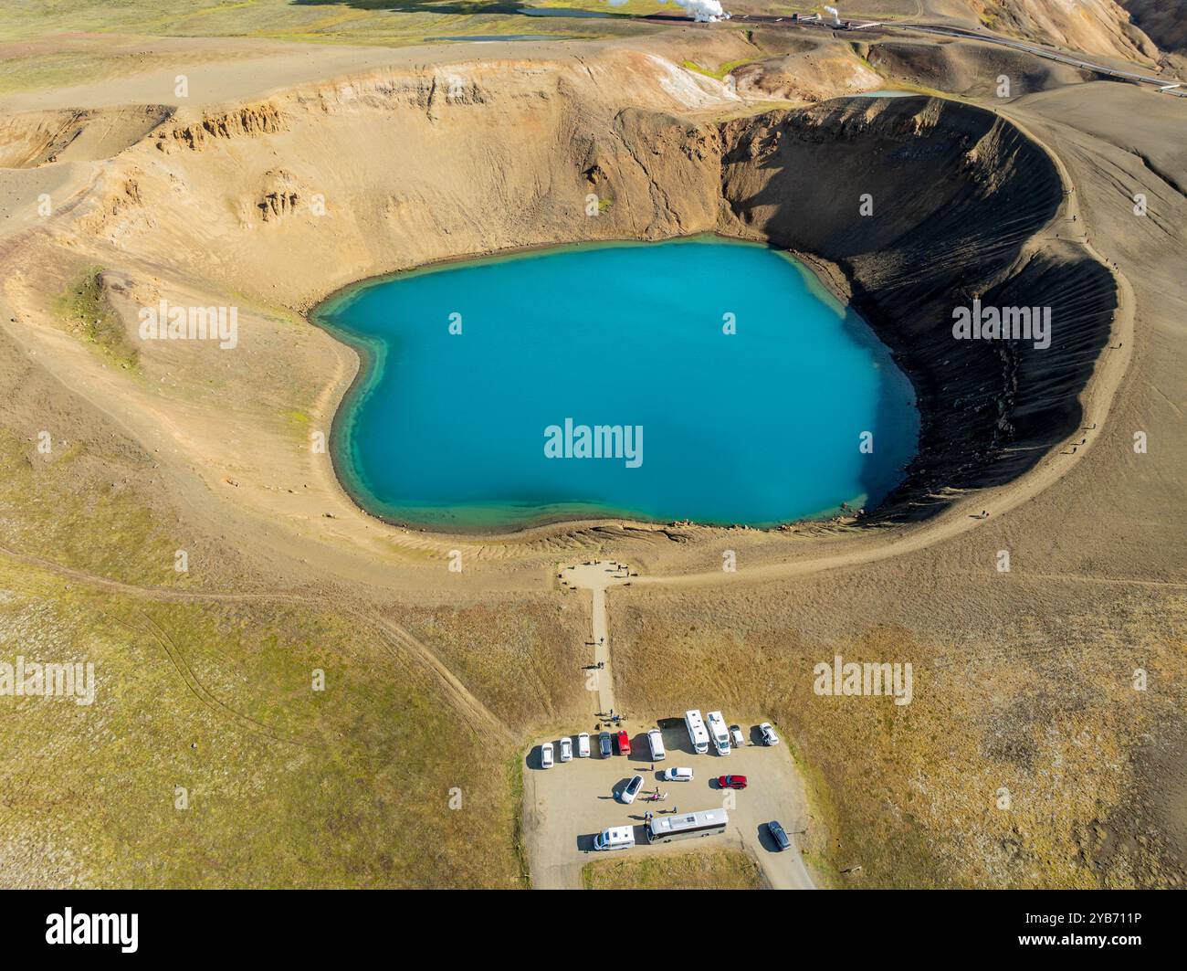 Aerial view of blue lake in the Viti volcano crater at Krafla power ...