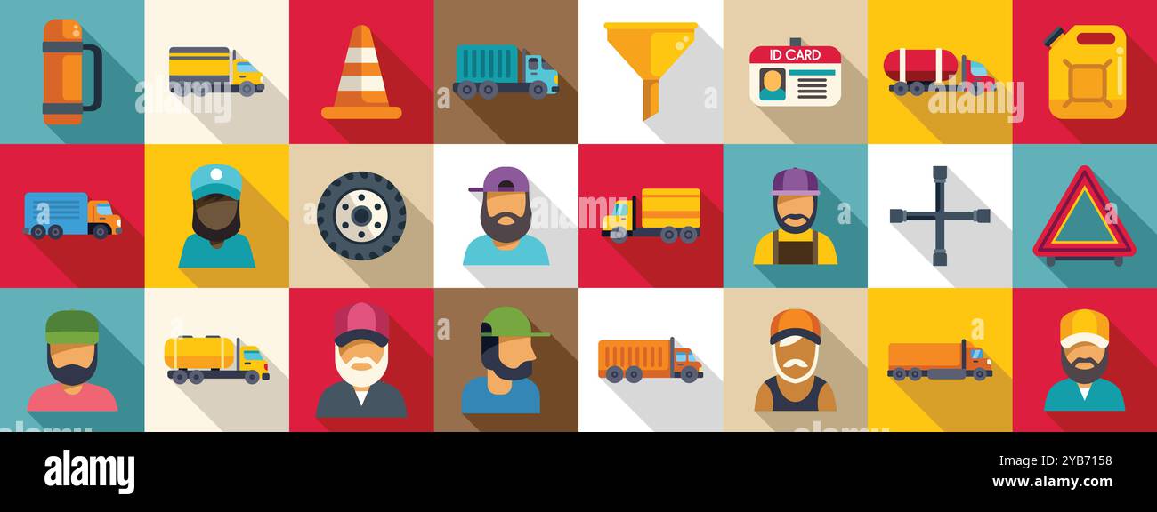 Trucker icons set. Truck driver profession icons set showing cargo ...