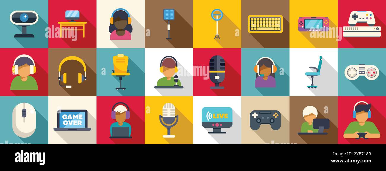 Streamer character icons set. Colorful icons representing different ...