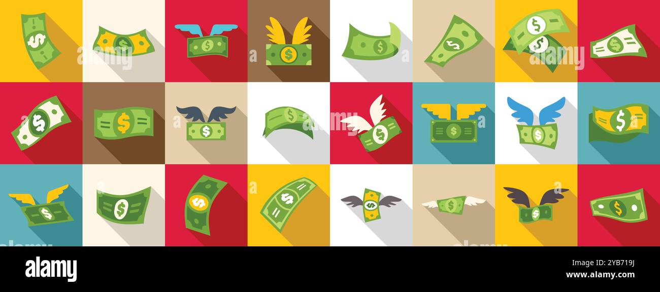 Fly banknote icons set. Money flying away with wings icon set in flat ...